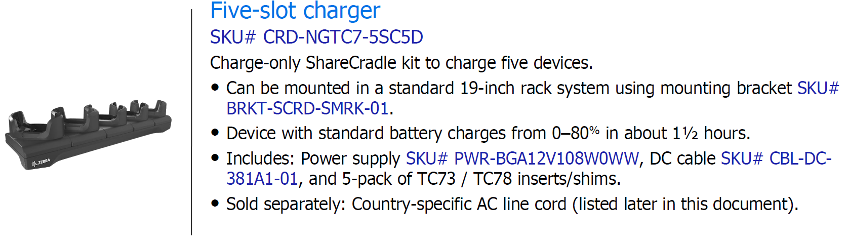 CRD-NGTC7-5SC5D - Zebra TC73/TC78 5-slot Charge Only Cradle